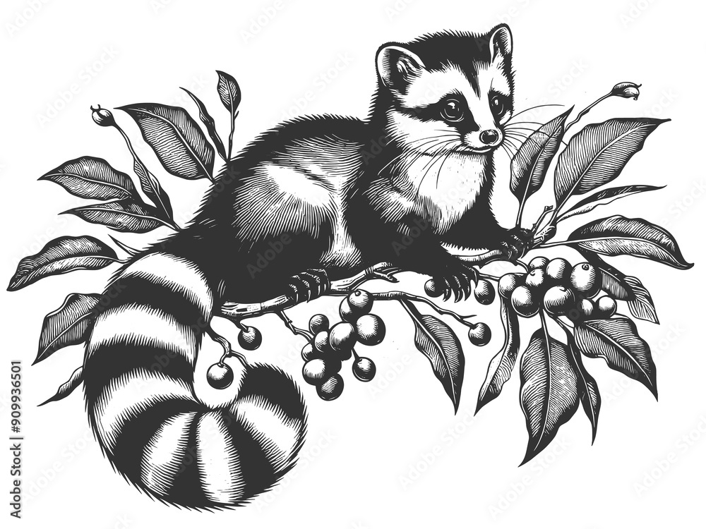 musang Asian palm civet sit on coffee tree branch with coffee cup Kopi ...