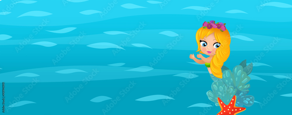 Cartoon ocean and the mermaid in underwater kingdom swimming diving ...