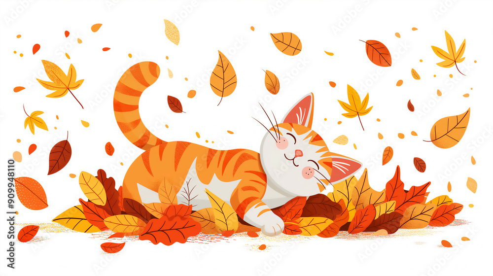 Cat playing in a pile of autumn leaves. Cute cartoon style with falling ...