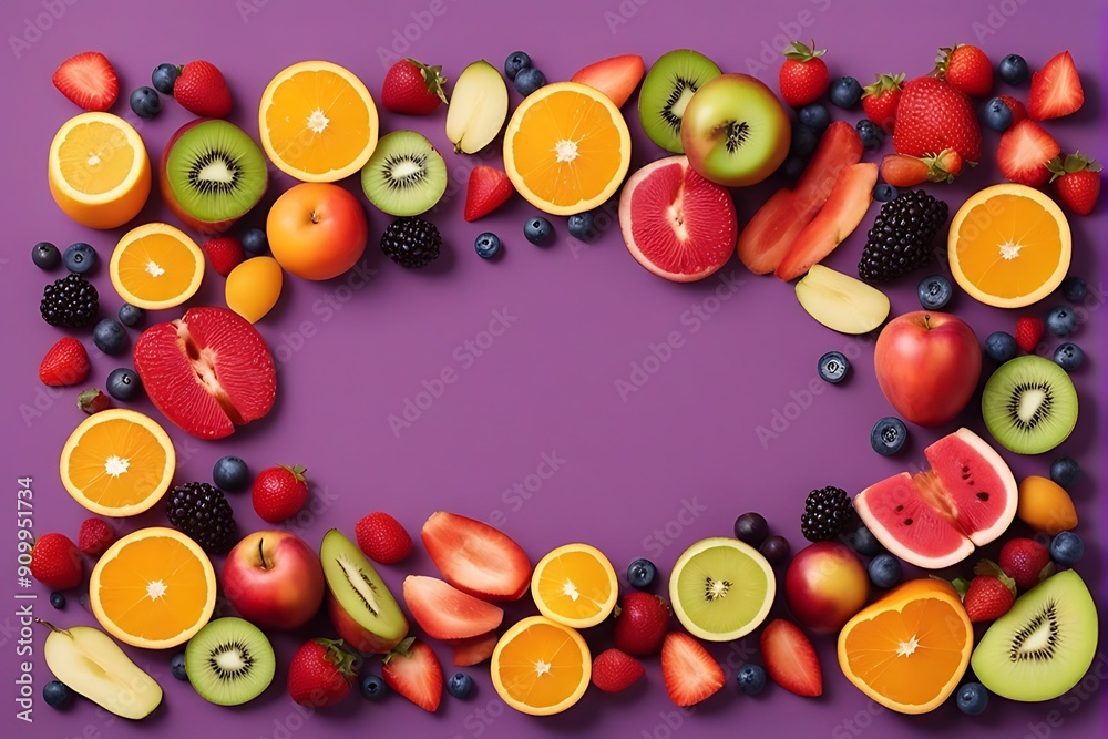 Flat fruits apple kiwi lime papaya pineapple layout lemon pitaya melon ...