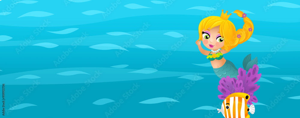Cartoon ocean and the mermaid in underwater kingdom swimming diving ...