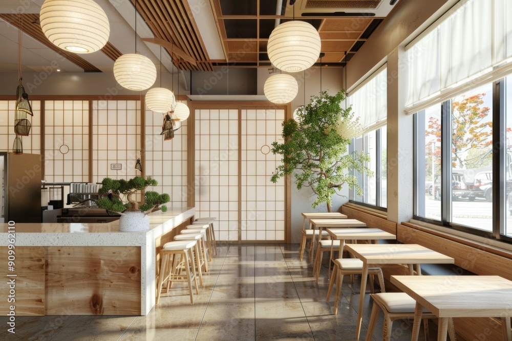 Interior of a stylish modern cafe with light wood accents, paper ...