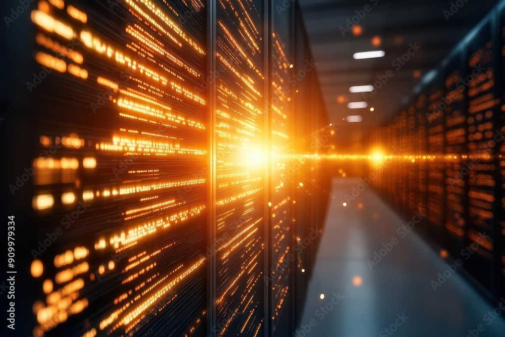 Illuminated Server Room With Vibrant Light Trails Showcasing Advanced Technology And Data Flow