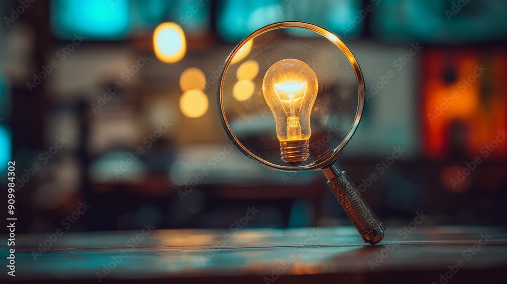 Magnifying glass focuses on a target and creativity. A creative light ...