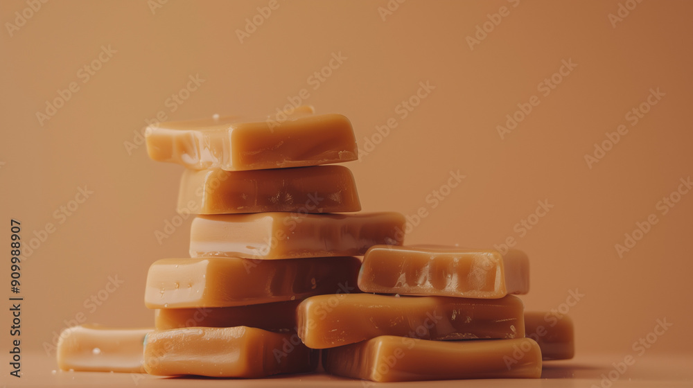 Pile of caramel candies stacked in a heap, highlighting their ...