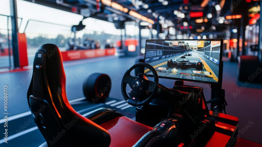 A high-tech racing simulator features a steering wheel and monitor ...