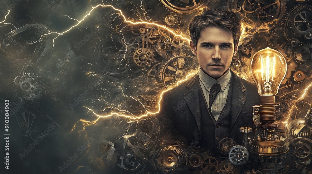 Portrait of Thomas Alva Edison with lightning surrounds glowing bulb ...