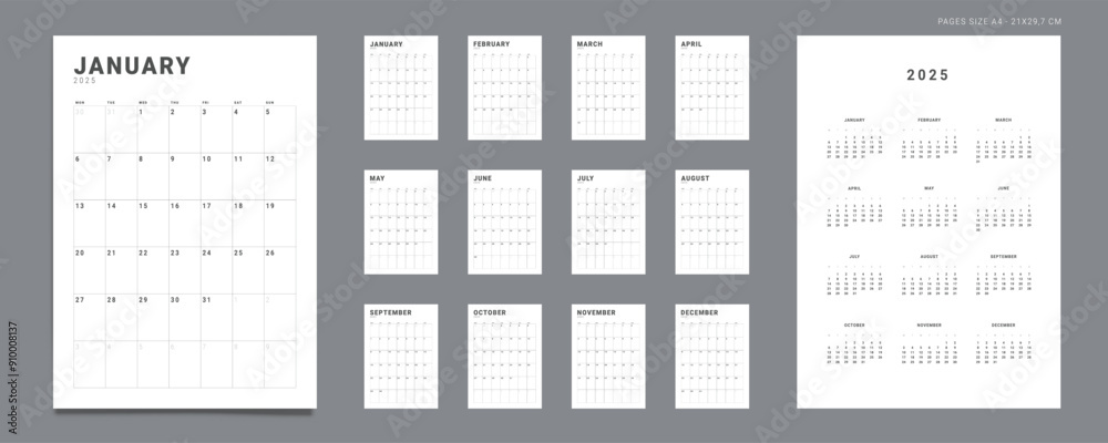 Set of 2025 Pages Monthly Calendar Planner Templates and annual. Vector ...