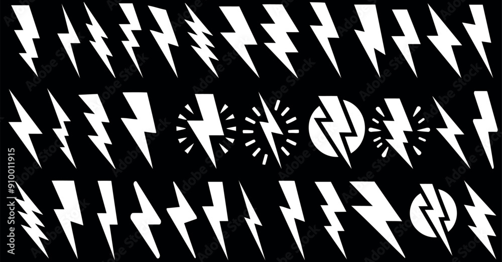 Flash lightning bolt icons, striking designs, energy symbols, white ...