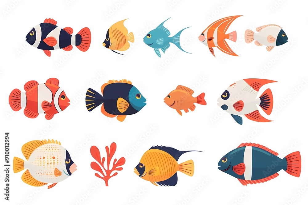 Colorful collection of cartoon-style fish, perfect for aquatic themes ...
