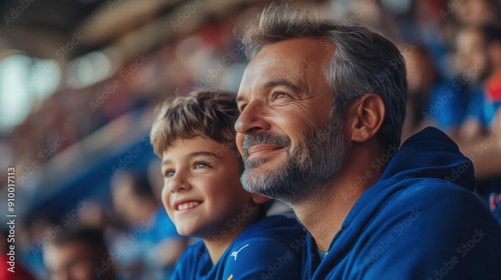 passionate french father and son in crowded stadium stands wearing blue ...