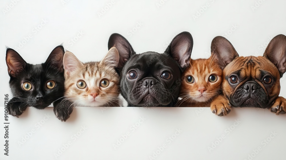 playful composition of cats and dogs peeking over white edge diverse ...