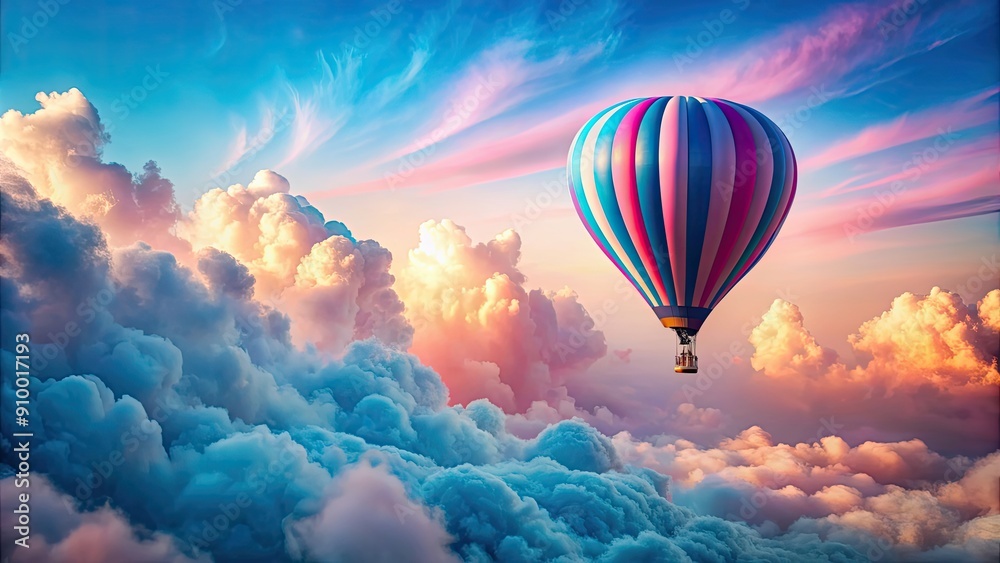 Hot air balloon floating above fluffy cotton candy clouds in pink and ...