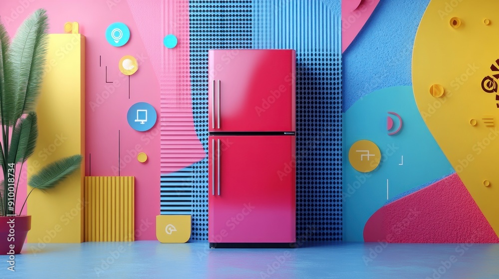 A vibrant 3D animation depicting a pop art-inspired smart fridge, with ...