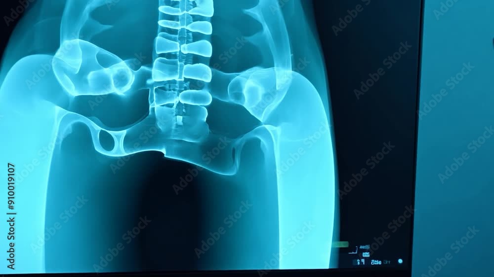 The x-ray clearly shows the lumbar vertebrae and pelvis structure ...