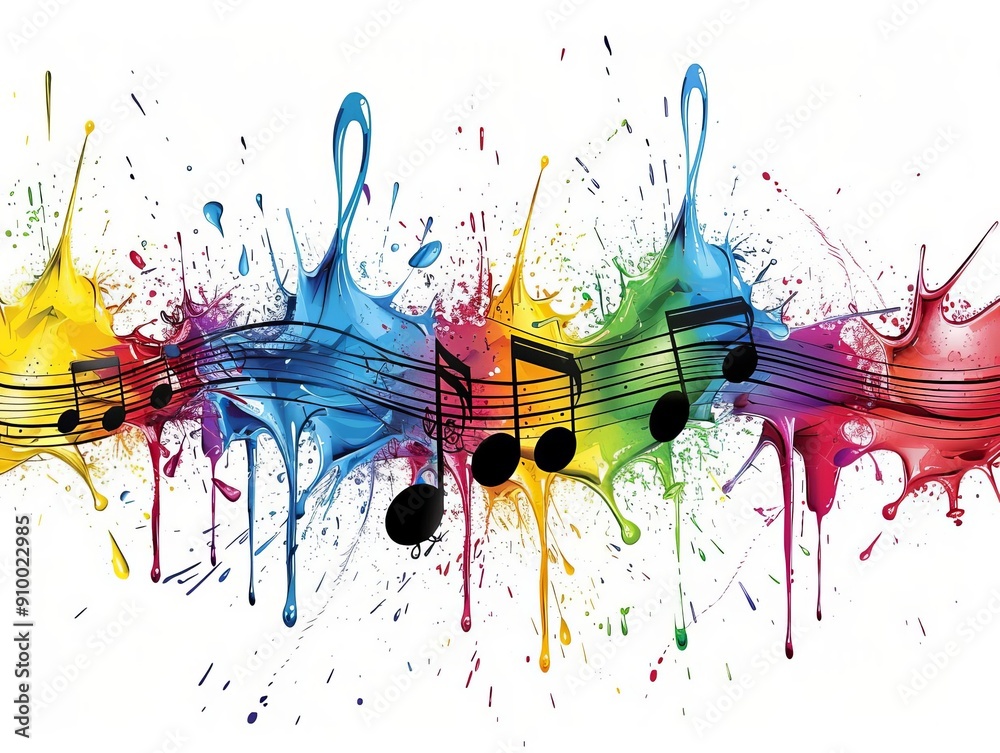 Music notes bursting with vibrant paint splatters, vector art, no ...