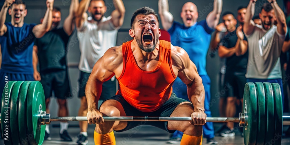 A muscular man exerts maximum effort while lifting heavy weights in a ...