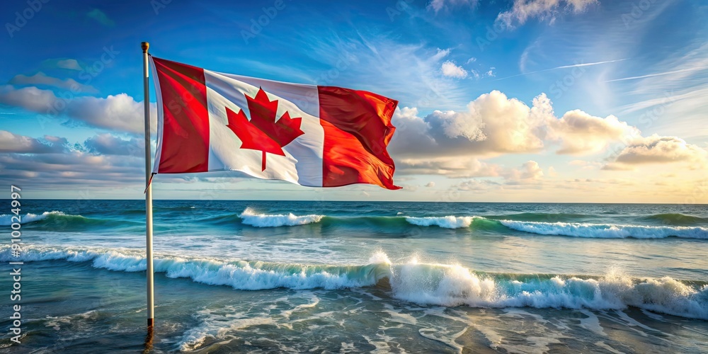 Canadian flag waving proudly in front of ocean waves, Canada, flag ...