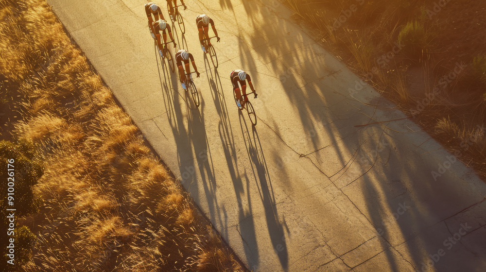 An overhead shot of cyclists racing down a sunlit road, their shadows ...