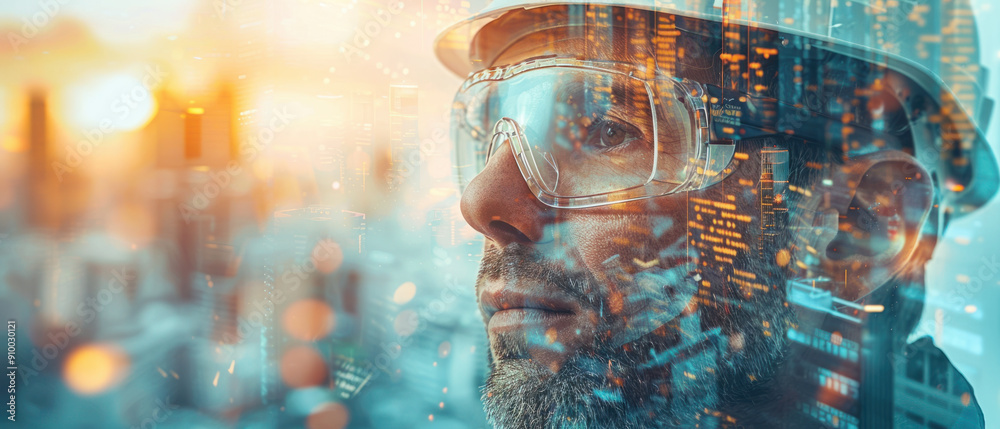 Engineering, A focused male engineer, wearing safety goggles, is ...