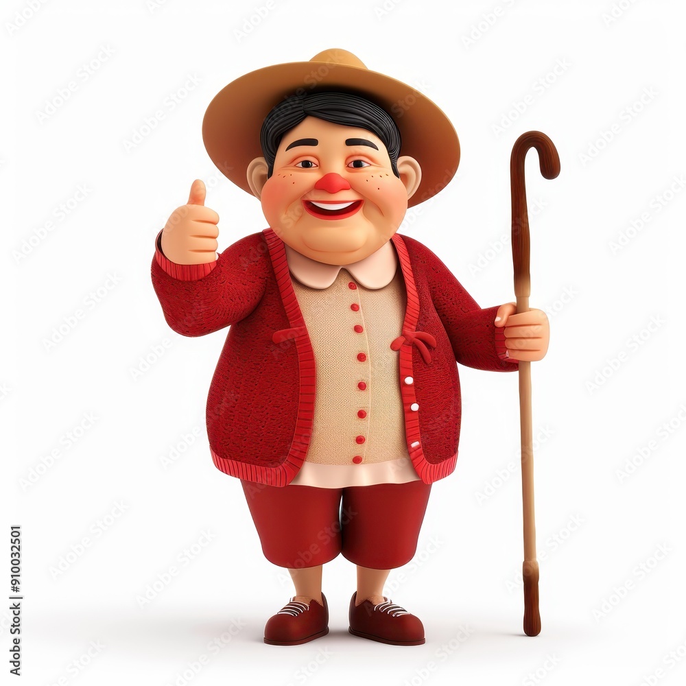 Grinning cartoon character elderly woman with a cane and hat in a red ...