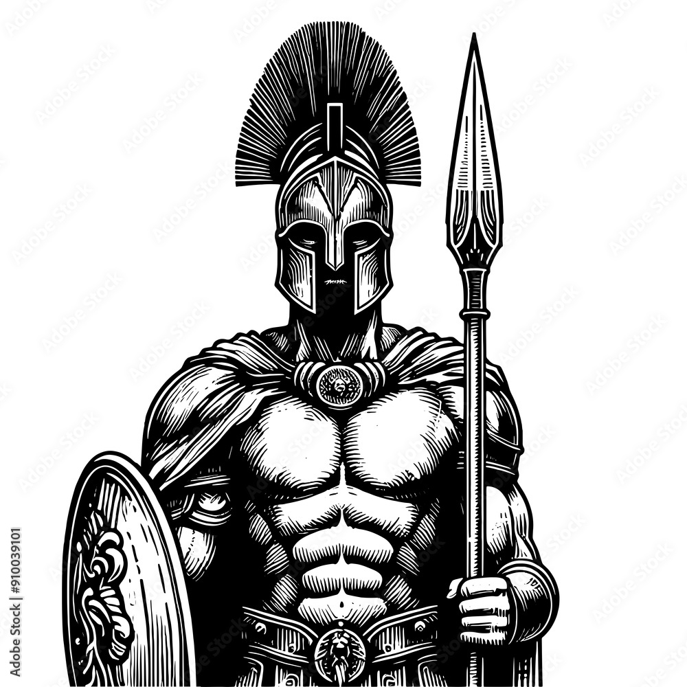 Spartan gladiator warrior in full armor, spear and shield, strength and ...
