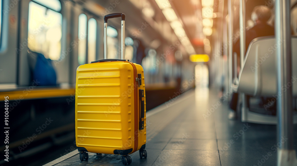 Yellow travel suitcase standing inside a moving train, capturing the ...