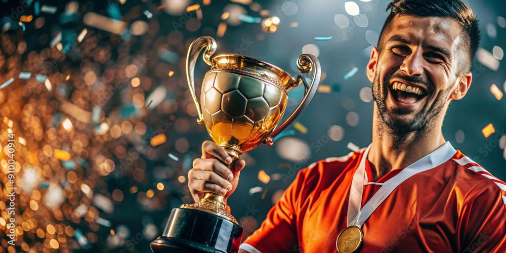 Soccer Player Celebrating Victory with Trophy. A triumphant soccer ...