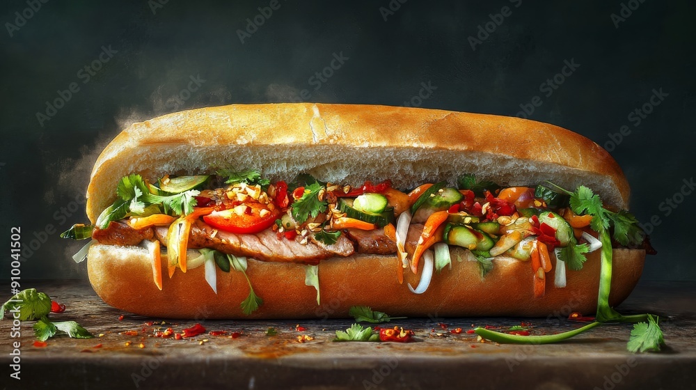 Traditional Vietnamese banh mi with pork and vegetables. Featuring a ...