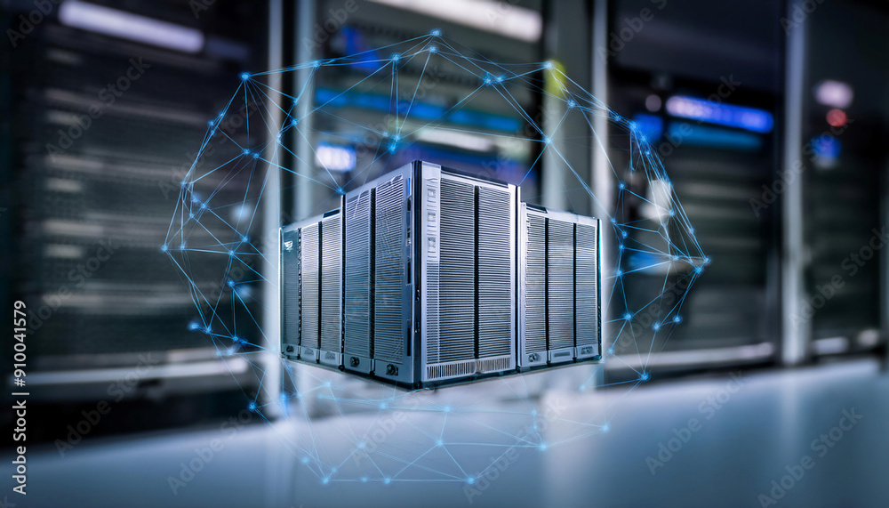 Servers and data management, featuring symbols like server racks, data ...