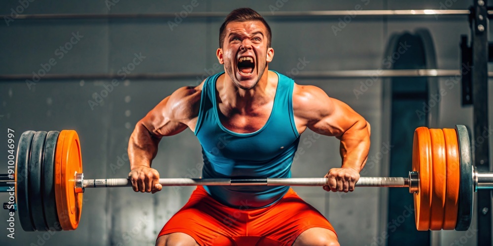 Powerlifter Screaming While Lifting Heavy Barbell. A strong and ...