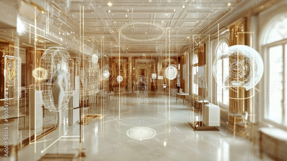 A luxurious hall in a museum featuring holographic displays and ...