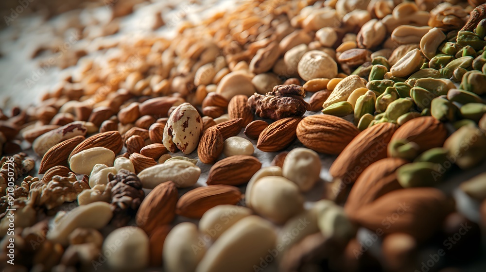 Assorted nuts and seeds, variety of textures, almonds, walnuts ...