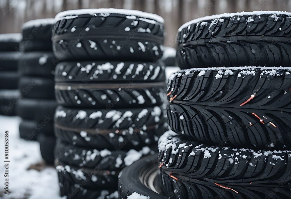 four stack wheel isolated car tires winter black closeup copy space ...