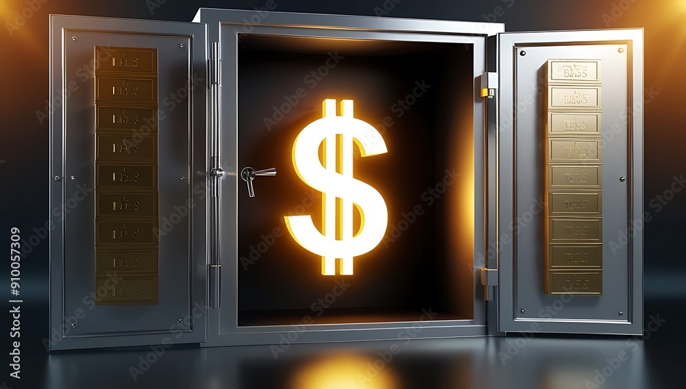 Glowing dollar currency symbol or sign on money safe vault. Wealth ...