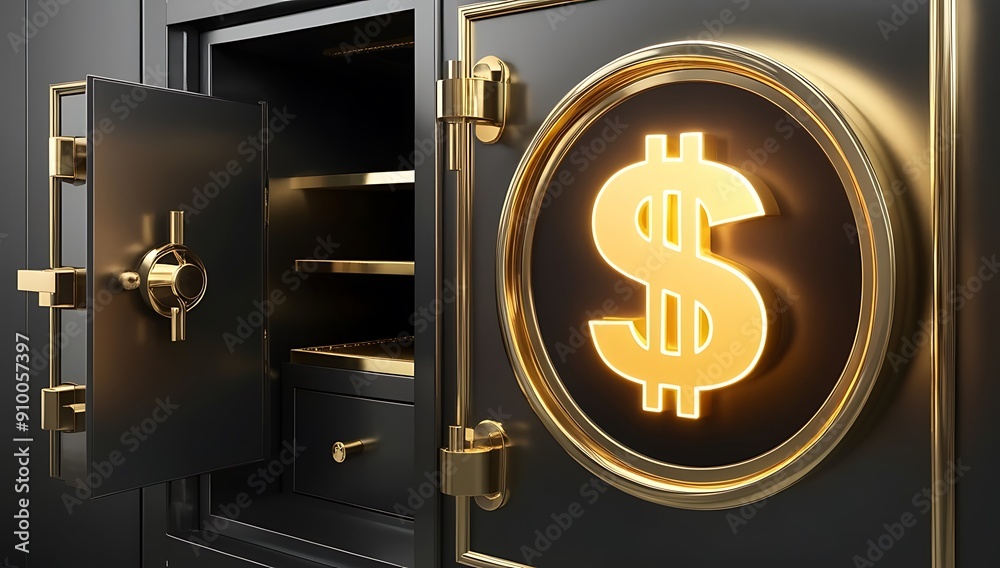 Glowing dollar currency symbol or sign on money safe vault. Wealth ...