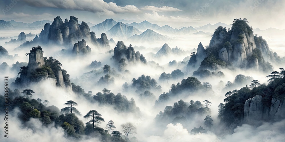 Misty mountain landscape with clouds in traditional Chinese ink drawing ...