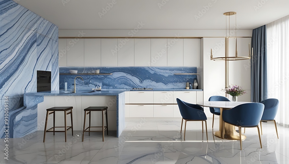 Modern white & blue luxury marble kitchen house or modern home ...