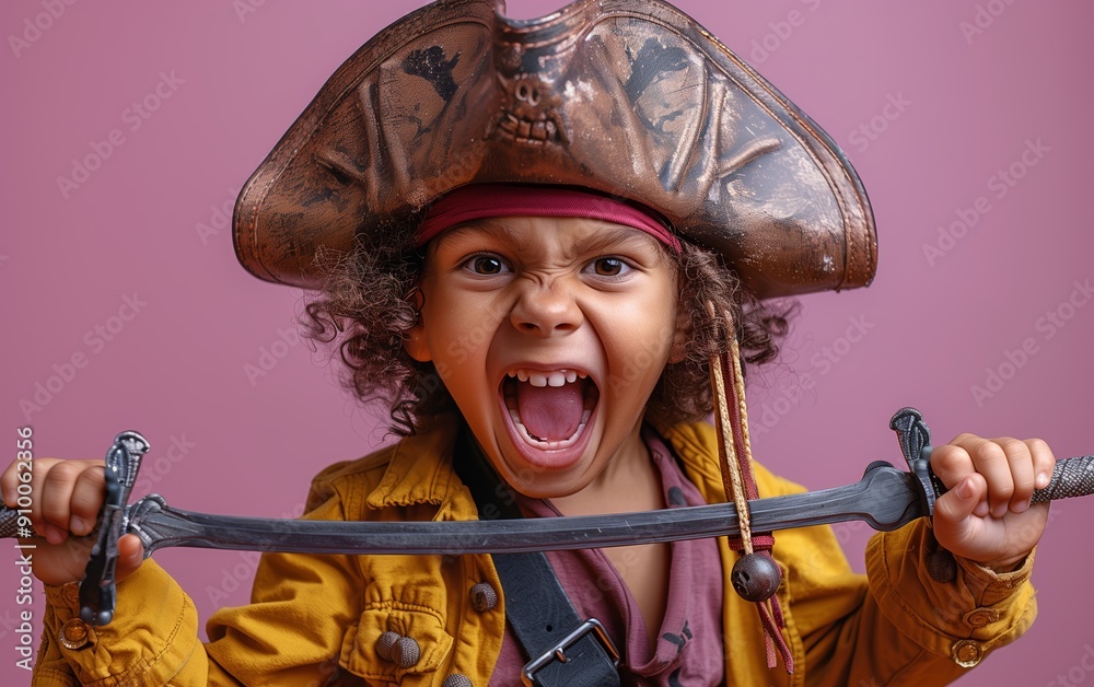 Excited Child Dressed as Pirate Holding Sword with Enthusiastic ...