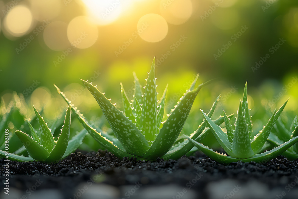 Whimsical scene of aloe plants in a serene garden, with leaves being ...