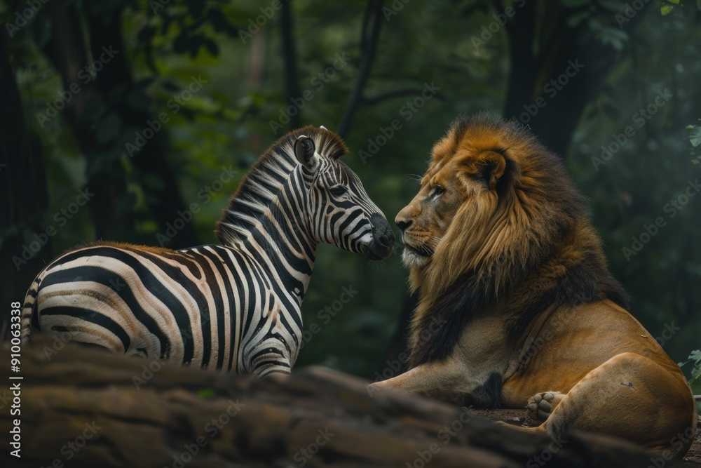 Lion and zebra lie close together amidst dense foliage, Unusual pairing ...