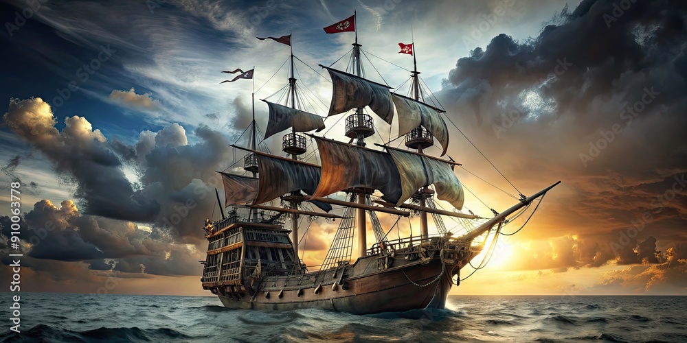 Pirate ship with tattered sails and skull and crossbones flag flying in ...