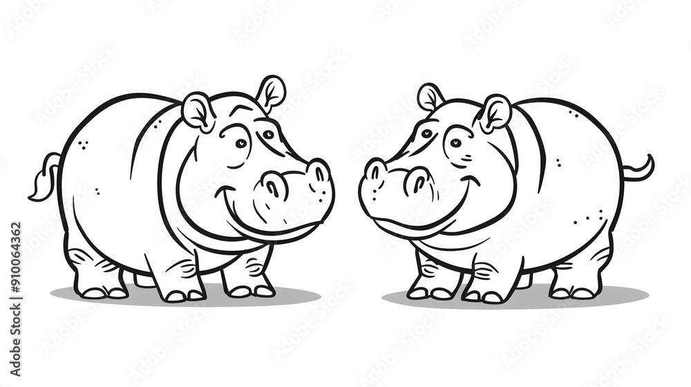 A charming black-and-white illustration featuring two cute hippos ...