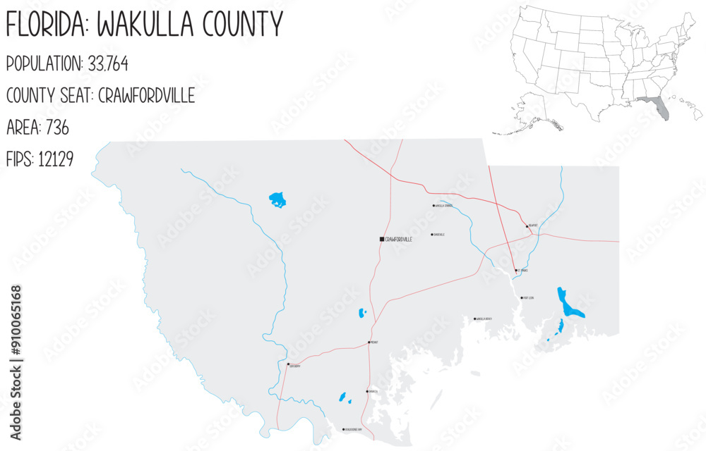 Large and detailed map of Wakulla County in Florida, USA. Stock Vector ...