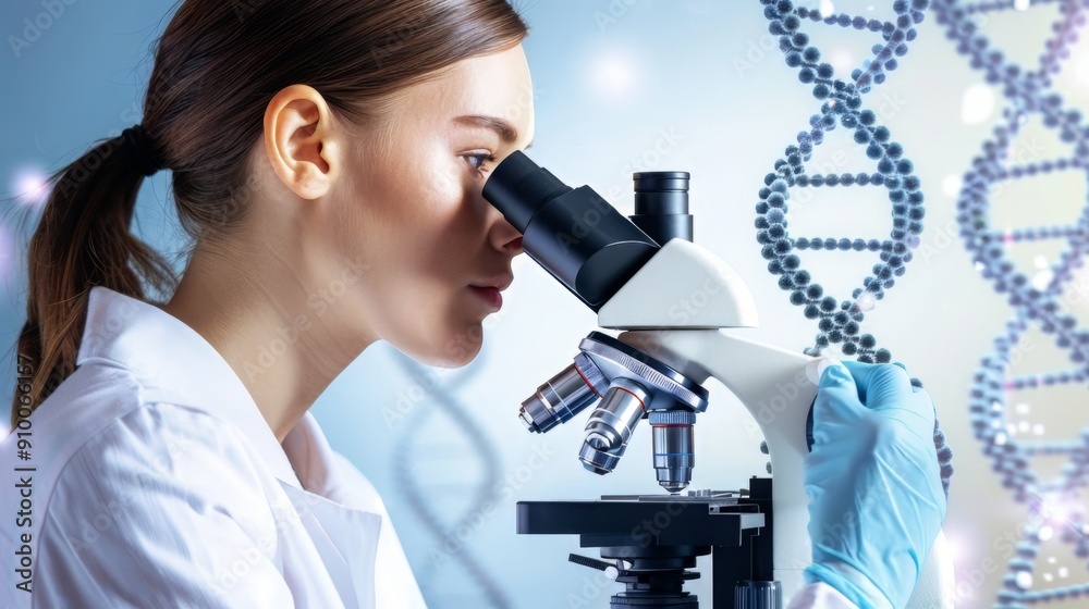 Scientist woman in a white coat looks into the electron microscope IP ...