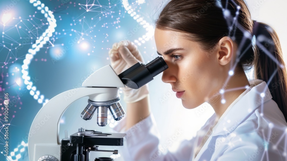Scientist woman in a white coat looks into the electron microscope IP ...