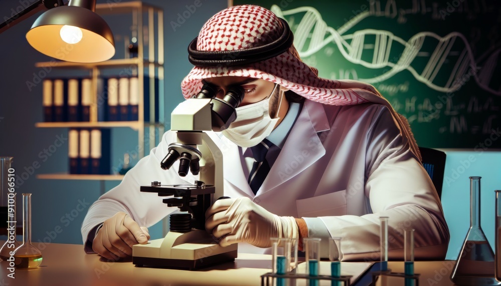Arab scientist studies DNA looking through electron microscope for banners posters backgrounds ...