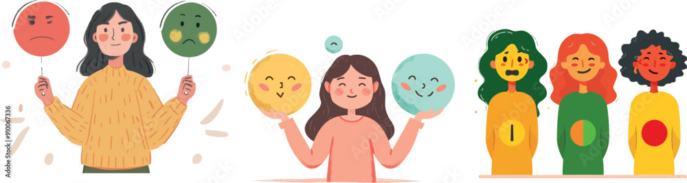 An angry young girl pushes the mood bar, from angry to happy, and feels ...