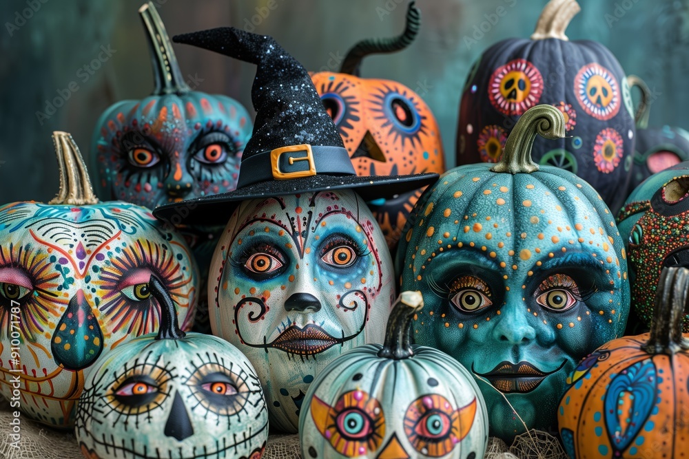 A group of pumpkins decorated for Halloween, painted with spooky and ...