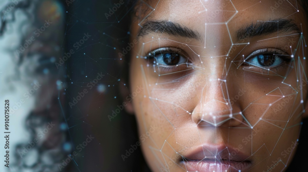 portrait photo of woman's face with facial recognition, identity face ...